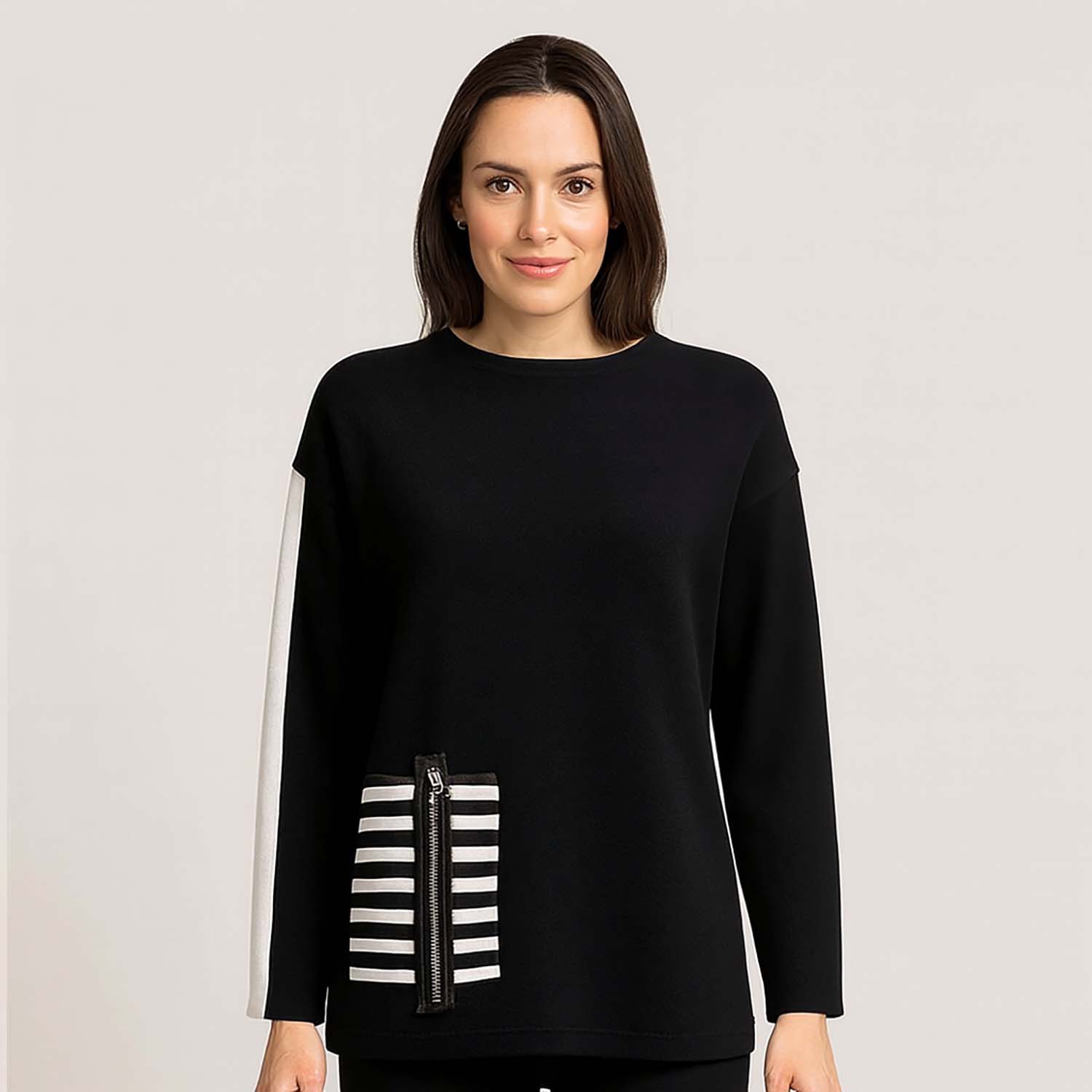 PERUZZI Stripe Pocket Knit in Black & White - AW25183 - Obsessions Fashion